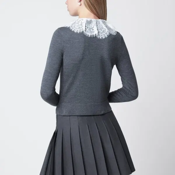 SELF-PORTRAIT Wool Cardigan With Lace Collar And Bow Detail