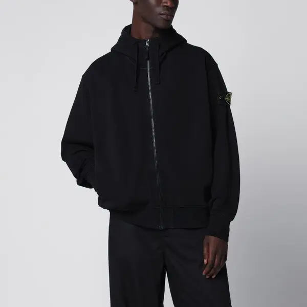 Stone Island Organic Cotton Zip-up Hooded Sweatshirt - Black