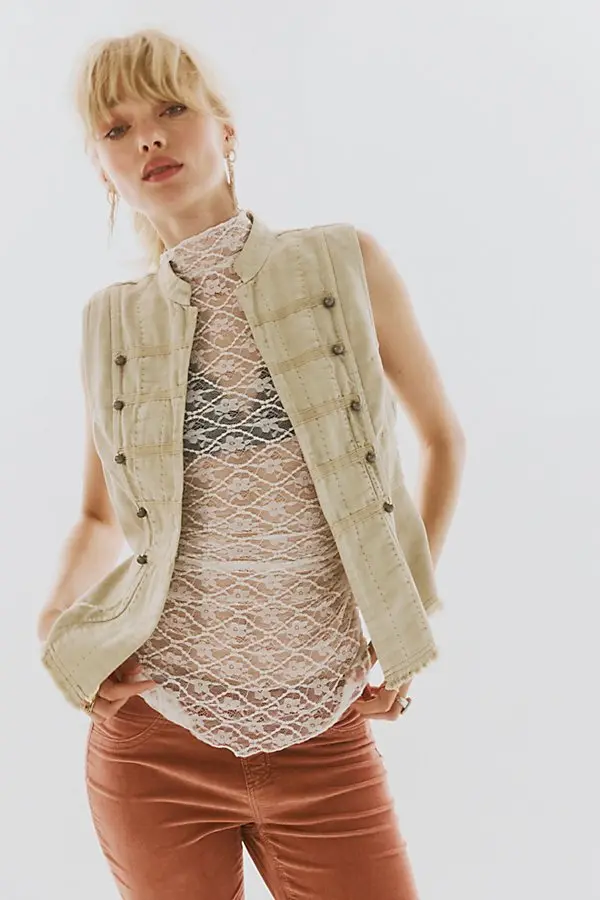 Free People Hearts On Fire Band Vest Jacket - Tea