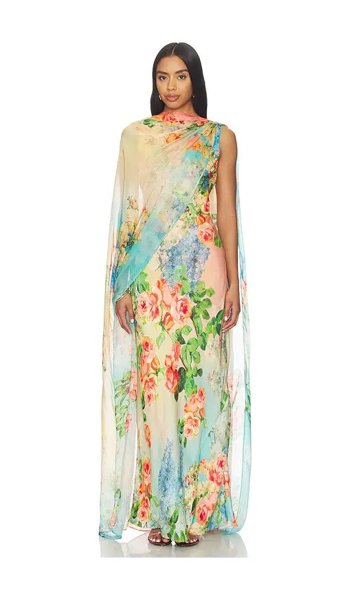 Hemant & Nandita Floral Print Maxi Dress With Detachable Scarf - Multi
