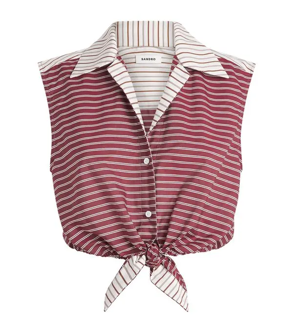 Sandro Sleeveless Striped Cotton Shirt With Front Tie Detail - Red
