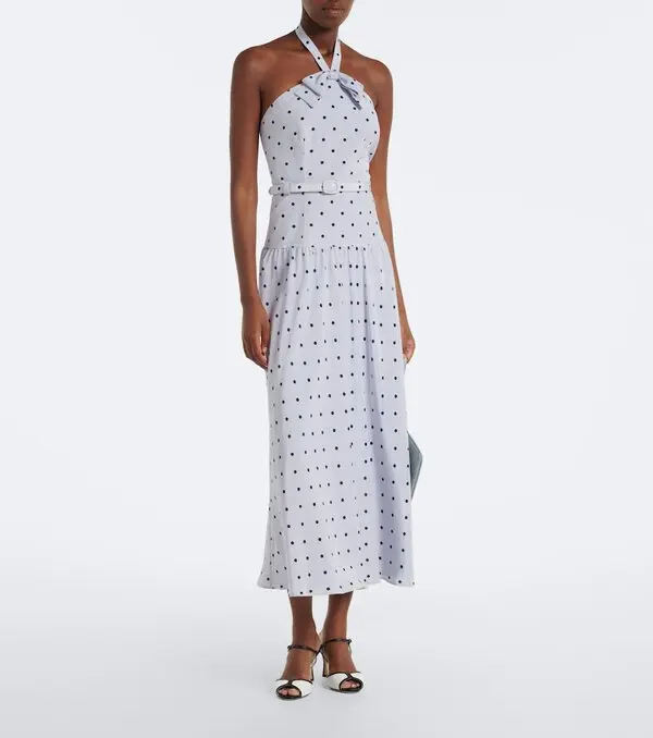 Alessandra Rich Belted Polka-dot Halterneck Silk Midi Dress - Blue