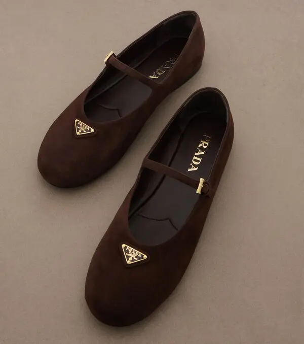 Prada Suede Mary Jane Flats - Brown