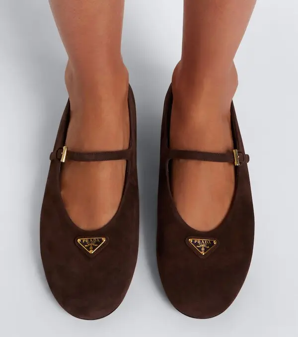 Prada Suede Mary Jane Flats - Brown