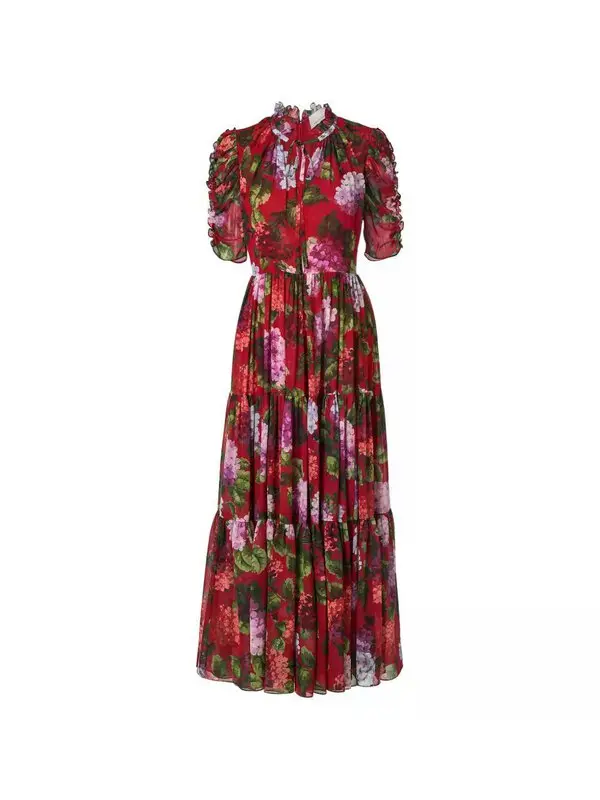 Carolina Herrera Hydrangea Print Tie Neck Dress - Red