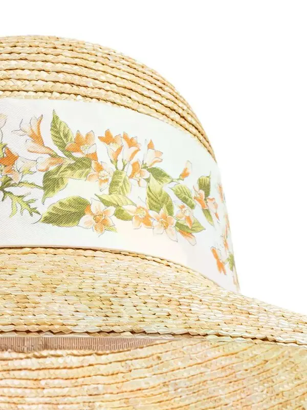 FERRAGAMO Floral-print Silk-trimmed Straw Hat - Neutrals