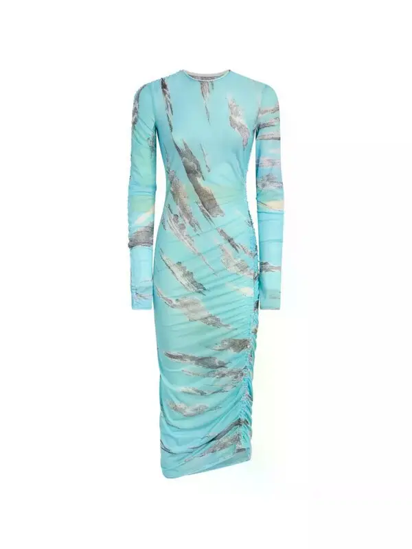 Moschino Archive Clouds Ruched-detailing Cloud-print Midi Dress - Blue