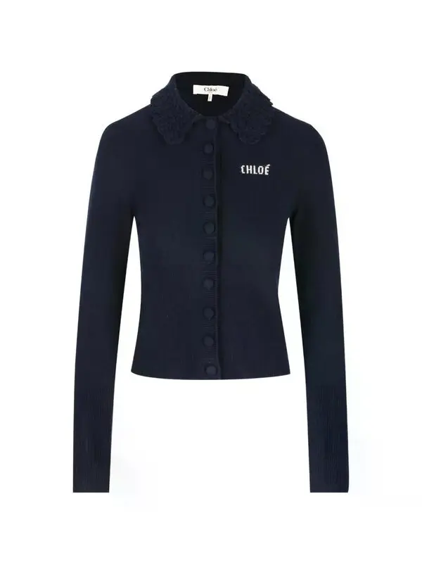 Chloé Navy Wool Cardigan With Crochet Collar And Embroidered Logo - Blue