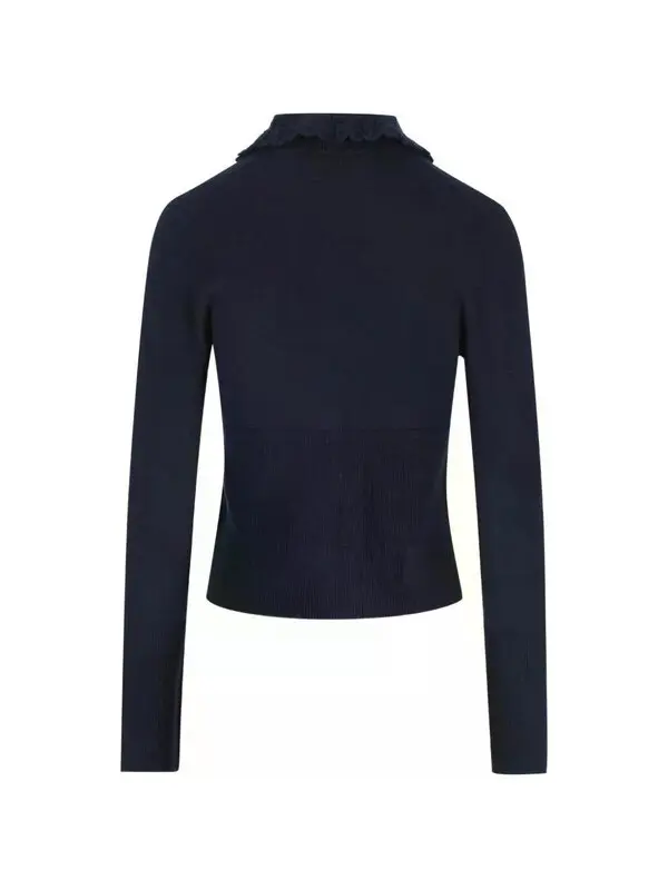 Chloé Navy Wool Cardigan With Crochet Collar And Embroidered Logo - Blue