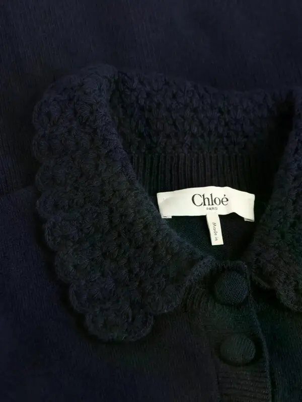 Chloé Navy Wool Cardigan With Crochet Collar And Embroidered Logo - Blue
