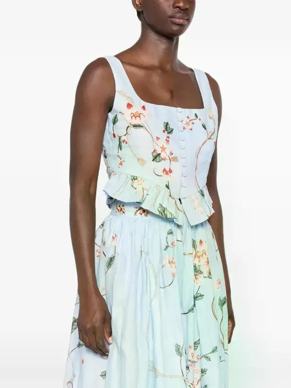 Agua Bendita Cropped Top With Floral Embroidery And Ruffled Hem - Blue