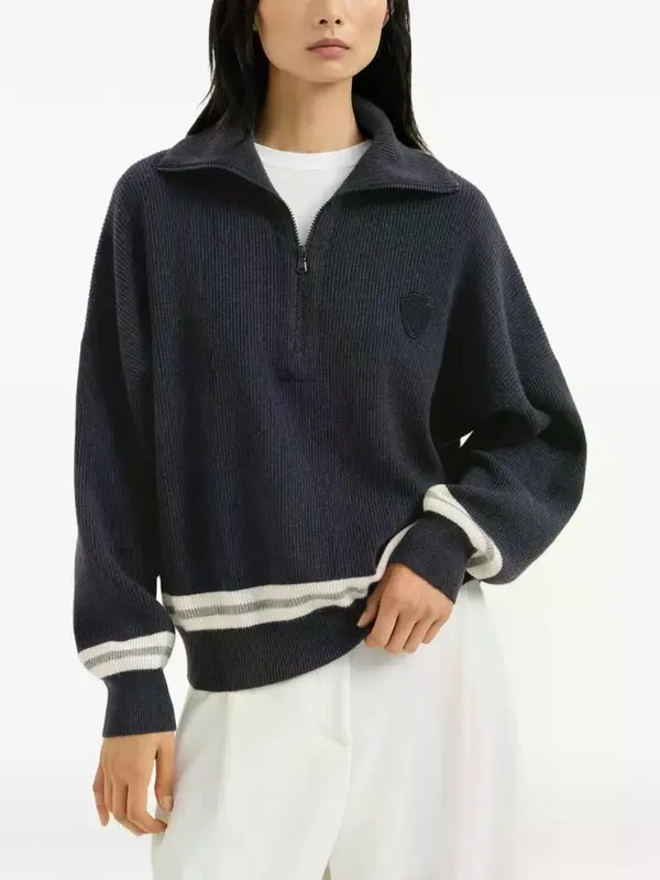 Brunello Cucinelli Cashmere English-rib Half-zip Sweater With Crest Detail - Blue