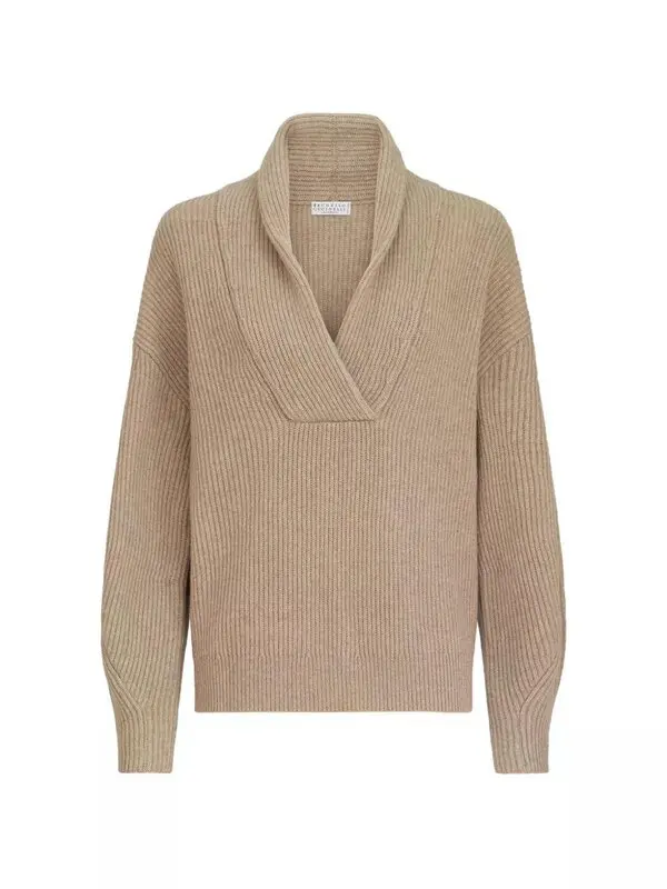 Brunello Cucinelli Cashmere English-rib Sweater With Monili - Neutrals