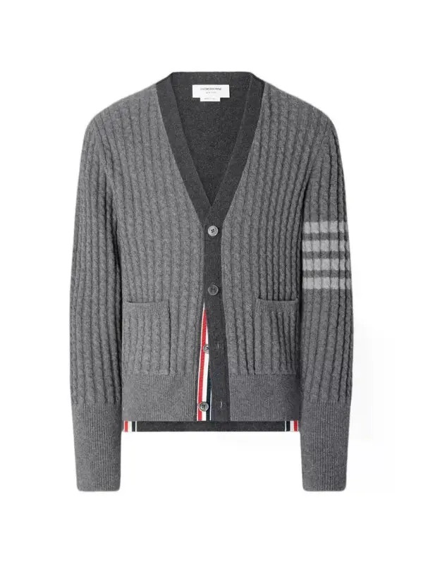 Thom Browne Wool Cable-knit Cardigan With Signature Stripes - Grey