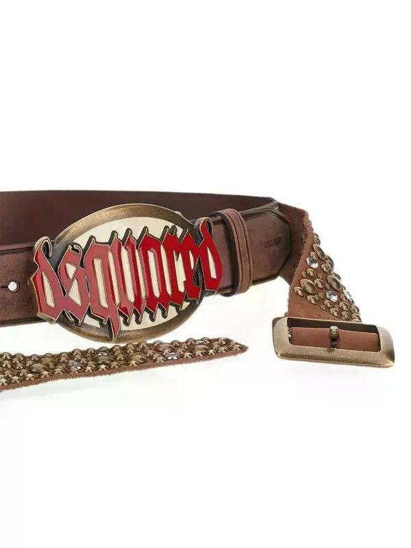 Dsquared2 Studded And Crystal Embellished Leather Belt With Logo Plaque Buckle