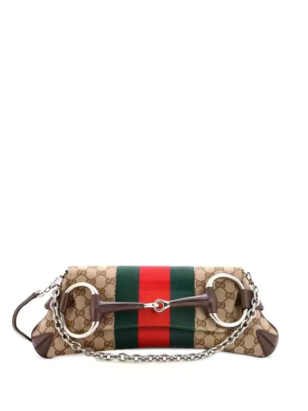 Gucci Horsebit Nm Web Chain Clutch Gg Canvas Medium Shoulder Bag - Brown