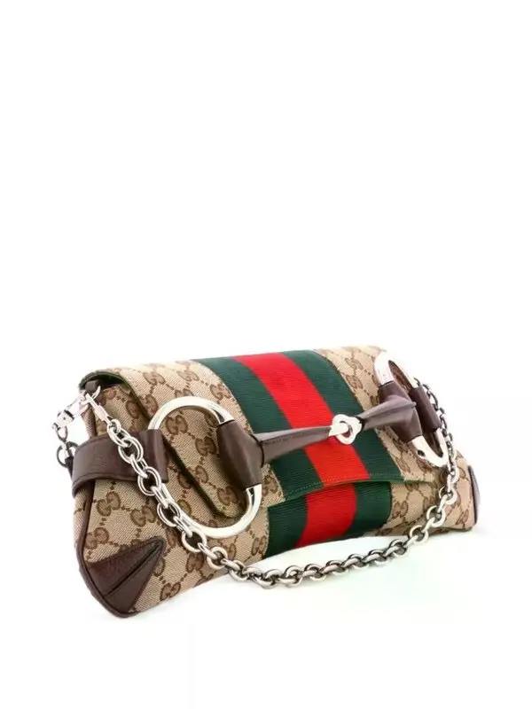 Gucci Horsebit Nm Web Chain Clutch Gg Canvas Medium Shoulder Bag - Brown