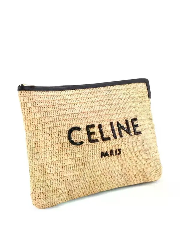Celine Logo Zip Raffia With Sequins Large Pouch