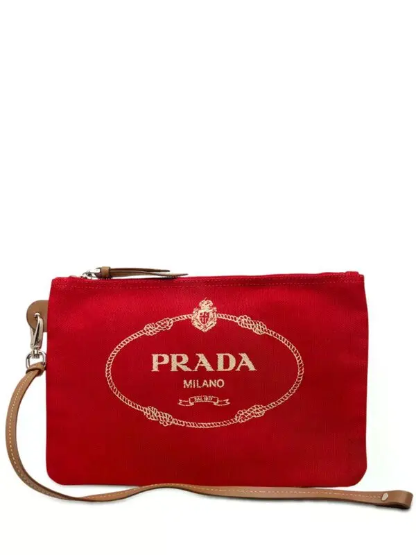 Prada Canvas Logo Wristlet Pouch - Red