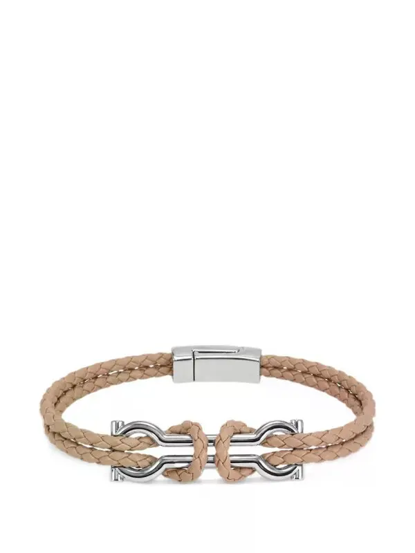 FERRAGAMO Leather Bracelet With Gancini Plaque - Neutrals