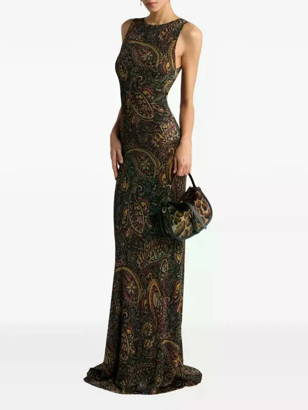 Etro Sleeveless Paisley Print Ribbed Maxi Dress - Black
