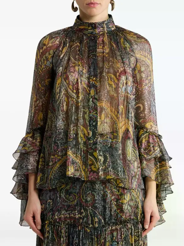 Etro Silk Shirt With Ruffle And Striped Floral Paisley Motif - Black