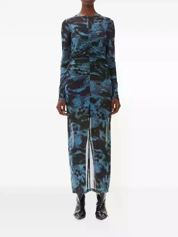 GANNI Printed Mesh Ruched Long Dress - Blue