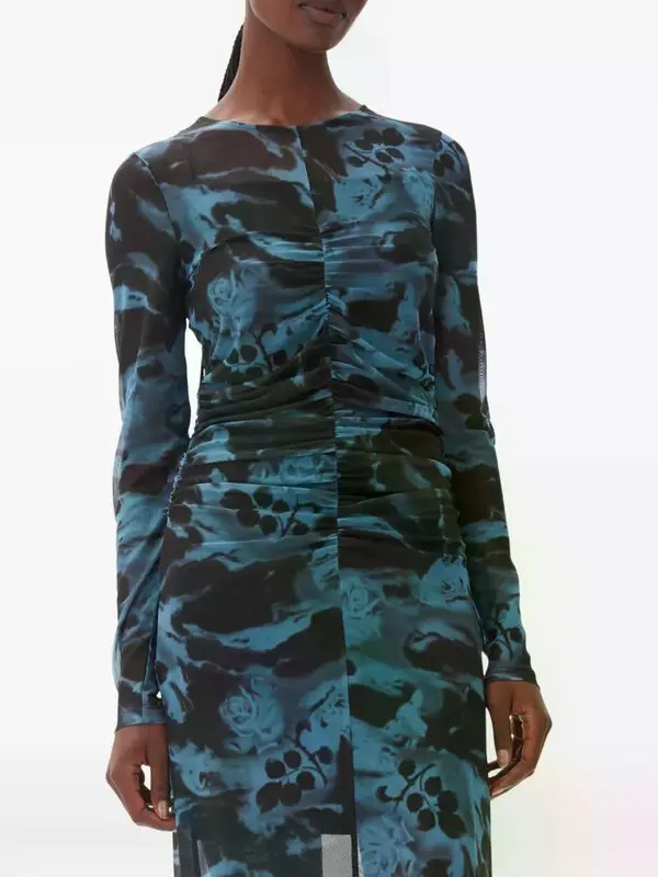 GANNI Printed Mesh Ruched Long Dress