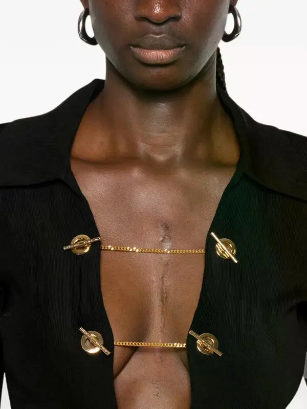 Elisabetta Franchi Ribbed Bodysuit With Gold-tone Chain Detail - Black