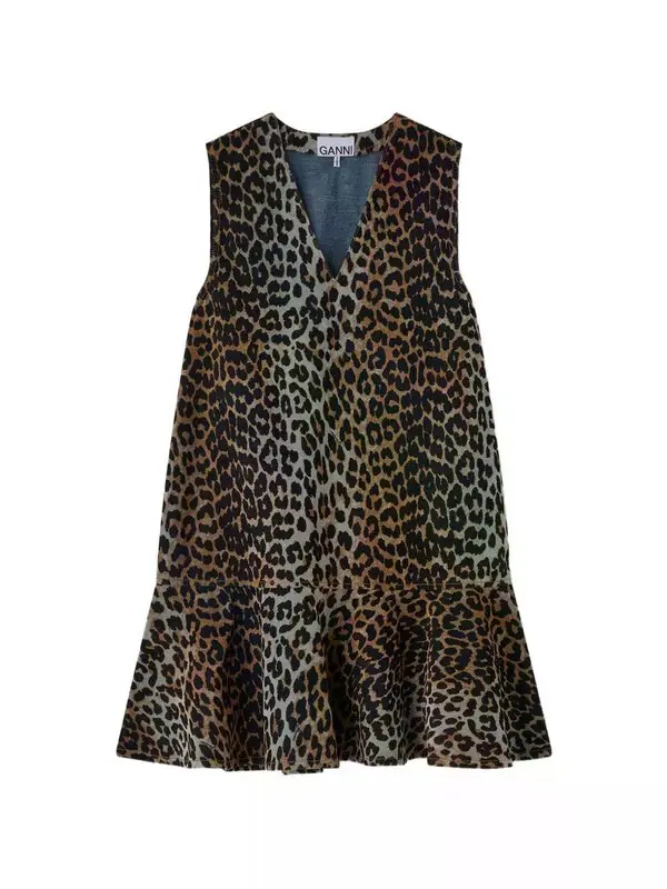 GANNI Leopard Print Denim Mini Dress With V-neckline And Ruffled Hem