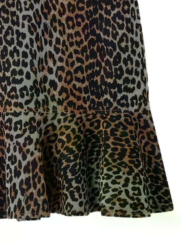 GANNI Leopard Print Denim Mini Dress With V-neckline And Ruffled Hem
