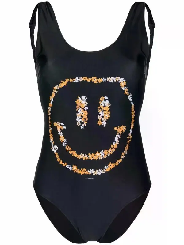GANNI Smiley-print One-piece Swimsuit - Black
