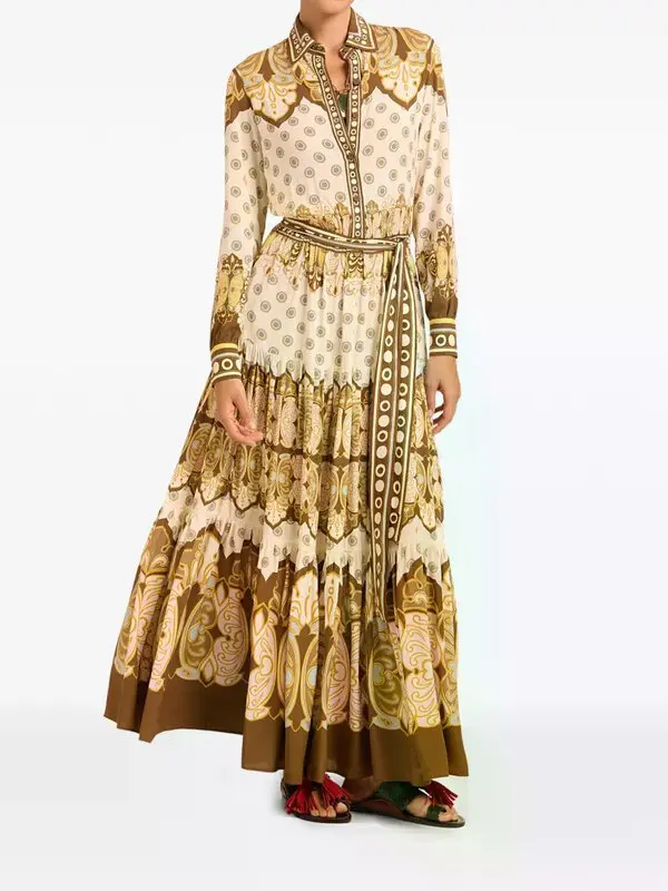 La DoubleJ Cocoon Placed Brown Viscose Voile Bellini Dress - Neutrals