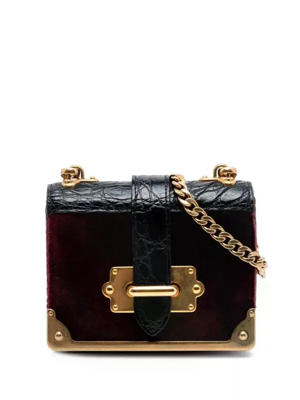 Prada Micro Croc Embossed Leather Trimmed Velluto Cahier Crossbody Bag - Red
