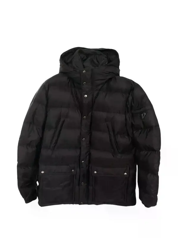 Prada Quilted Hooded Down Jacket With Signature Triangle Logo - Black