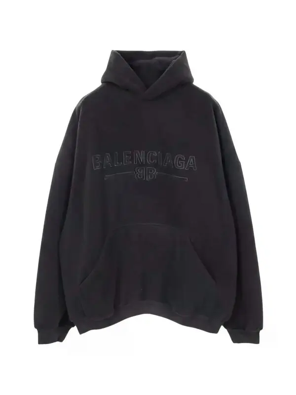 Balenciaga Logo Embroidered Fleece Hoodie - Black