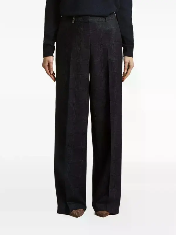 Peserico Navy Check Pattern Wide Leg Trousers