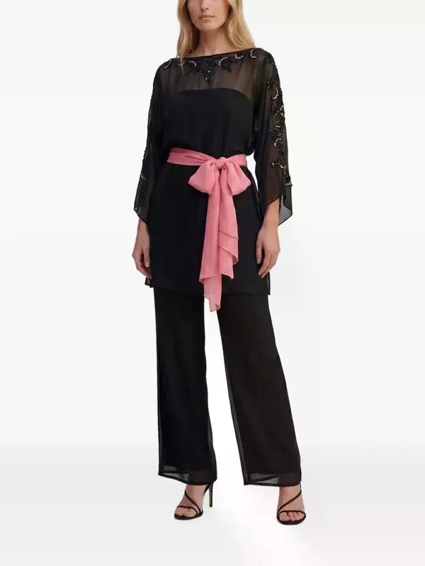 Vintage Blouse And Trousers Set With Pink Waist Tie - Black