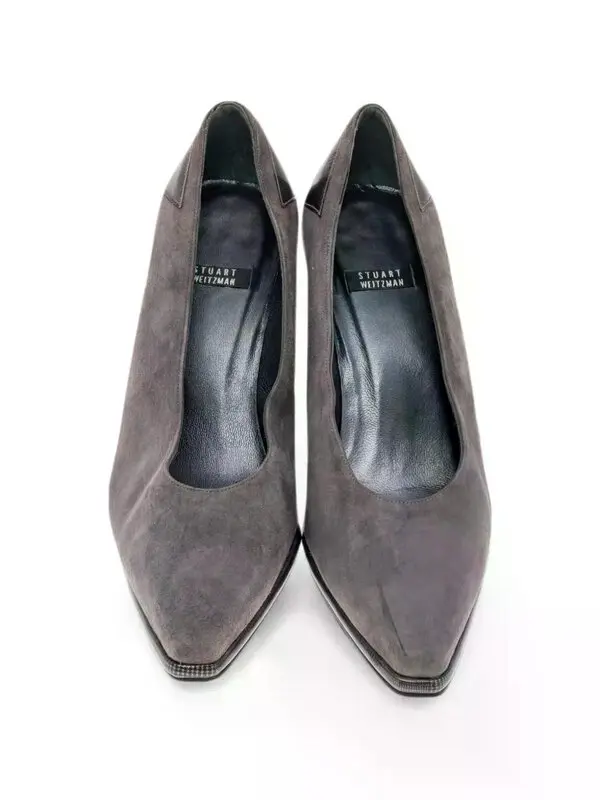 STUART WEITZMAN Suede Almond Toe Pumps With Checked Heel Counter
