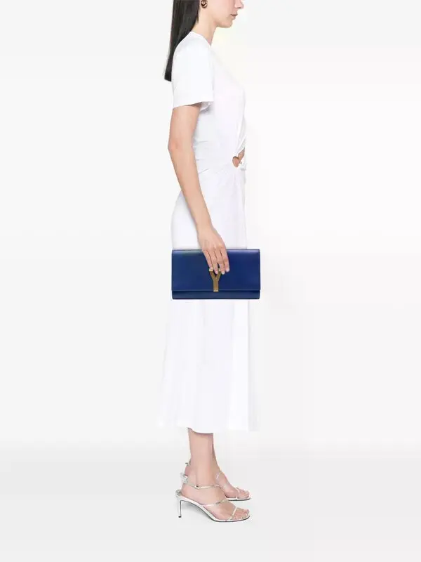 Saint Laurent Leather Clutch Bag With Gold-tone Y Hardware - Blue