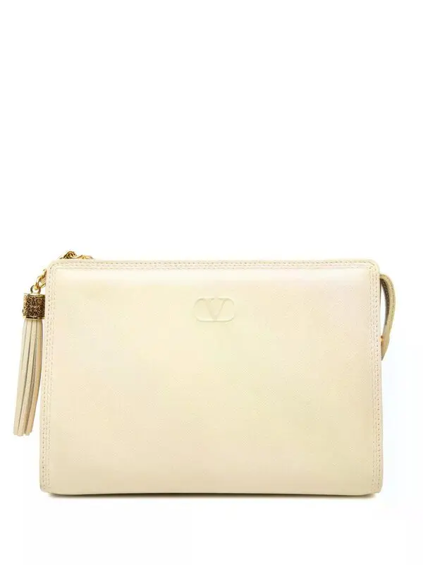Valentino Garavani Grainy Calfskin Vlogo Tassel Clutch Bag - White