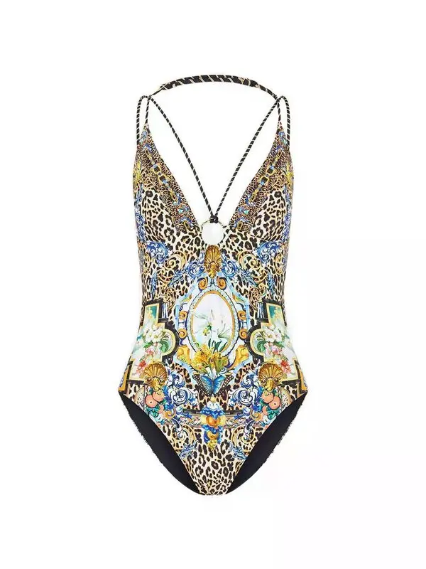 Camilla Leopard Print V-neck Halterneck Swimsuit With Crystal Embellishments And Crossover Straps - Black