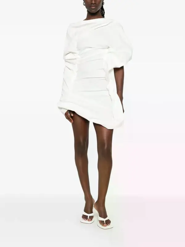 Issey Miyake Asymmetrical Draped V-neck Mini Dress - Neutrals