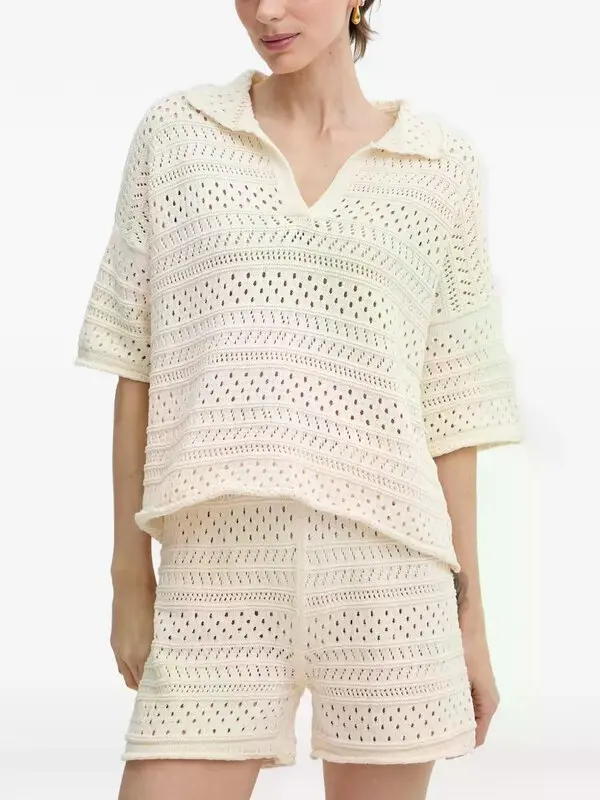 HAVEONE Crochet Knit V-neck Short Sleeve Top And Elasticated Waist Shorts Set
