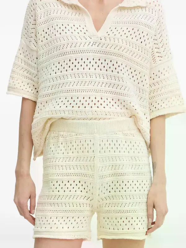 HAVEONE Crochet Knit V-neck Short Sleeve Top And Elasticated Waist Shorts Set