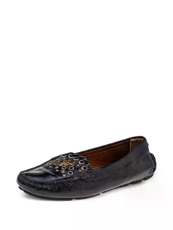 Prada Patent Leather Studded Logo Detail Boat Shoes