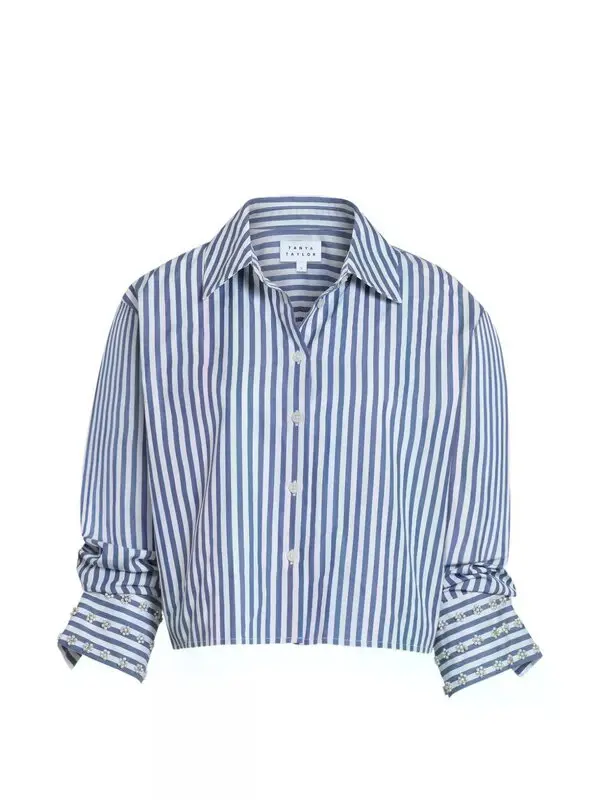 Tanya Taylor Striped Faux-pearl Embellished Cropped Shirt - Blue