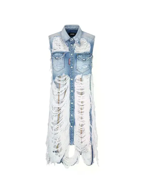 Dsquared2 Distressed Denim Midi Shirt Dress - Blue