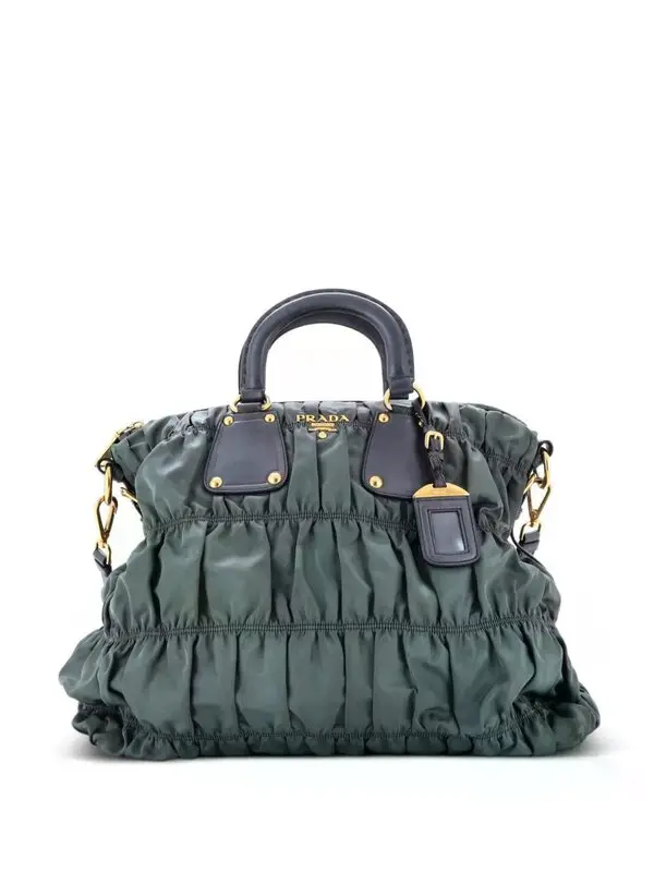 Prada Gaufre Convertible Leather And Tessuto Large Tote Bag - Green