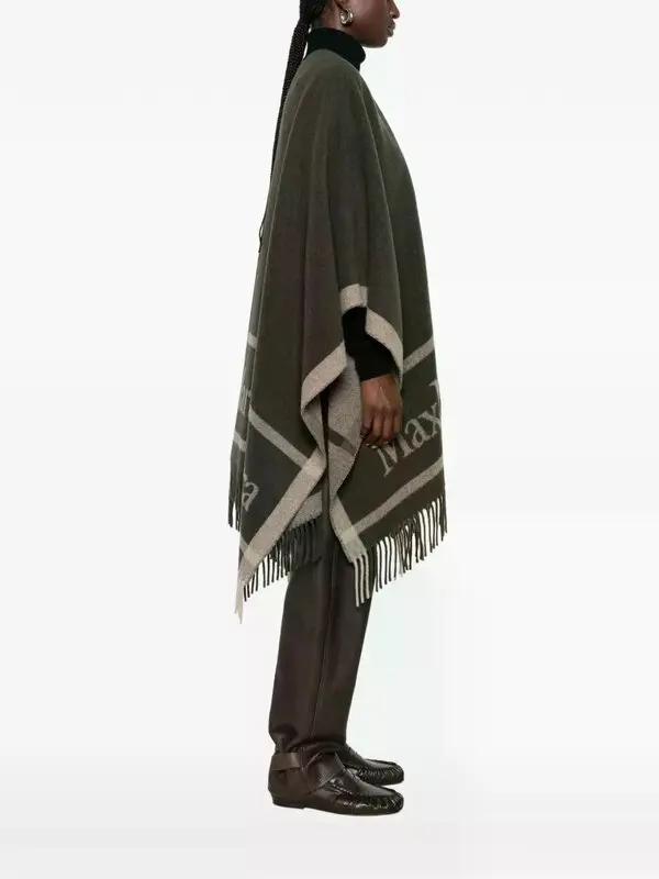 Max Mara Logo Intarsia Fringed Poncho Coat - Green